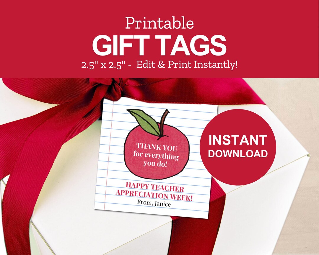 Apple Gift Tags - Printable Teacher Appreciation Tag - Editable - End ...