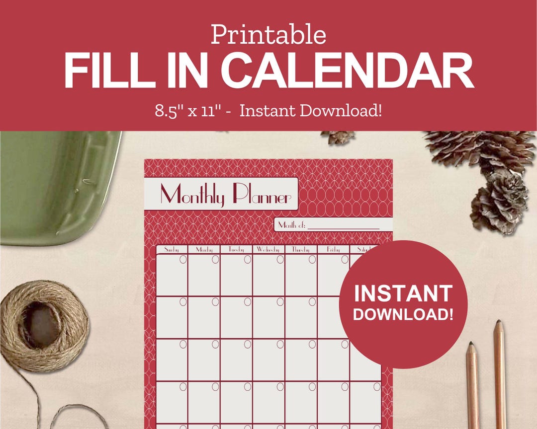 Printable Blank Monthly Calendar - Fill in Calendar - DIY Monthly ...