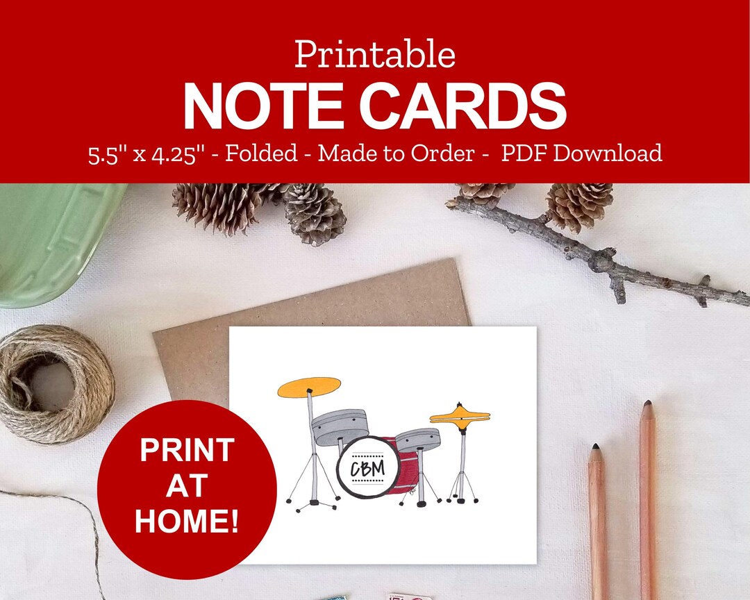 Drums Note Cards Printable - DIY Gift for Drummer - Monogram Drum Note ...