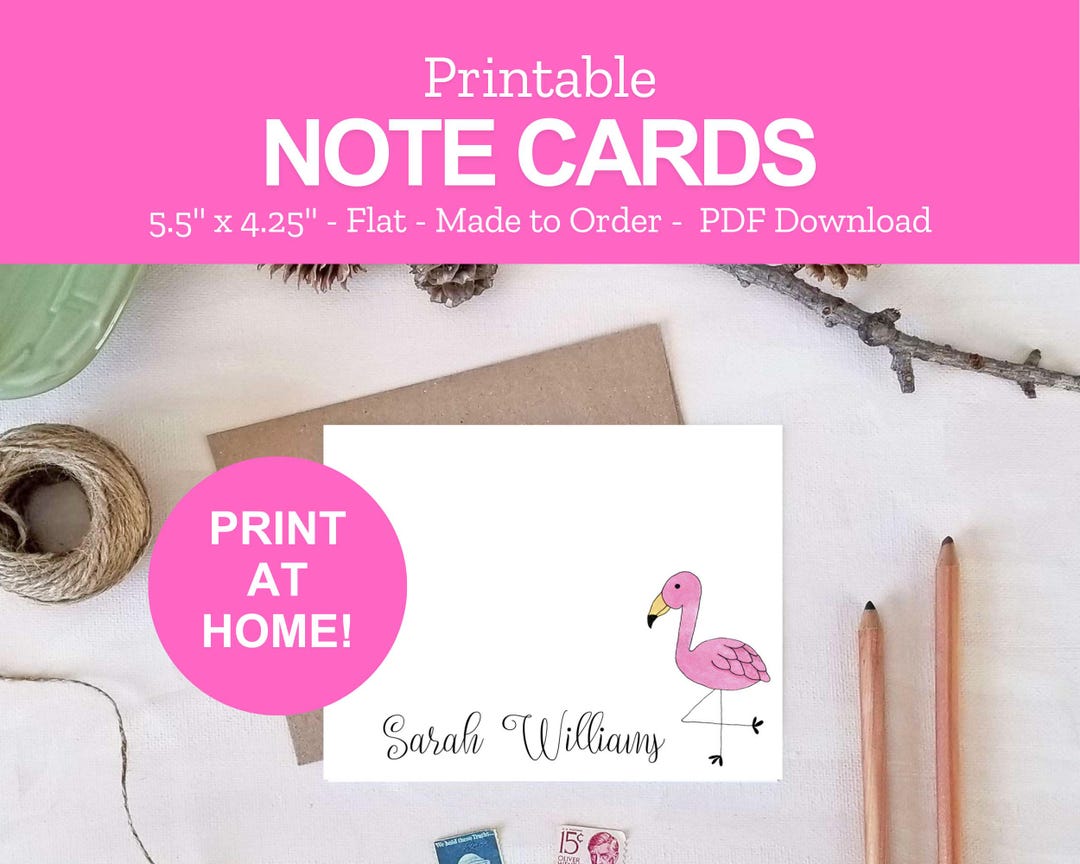 Printable Flamingo Cards - Personalized Watercolor Flamingo Note Cards ...