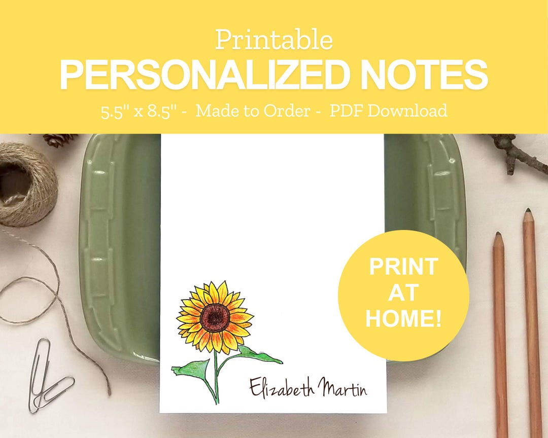 Printable Sunflower Notes - Personalized Notepad - Sunflower Notepad ...