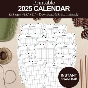 2025 Agenda Printable Calendar Black White Flowers Minimalist Calendar ...