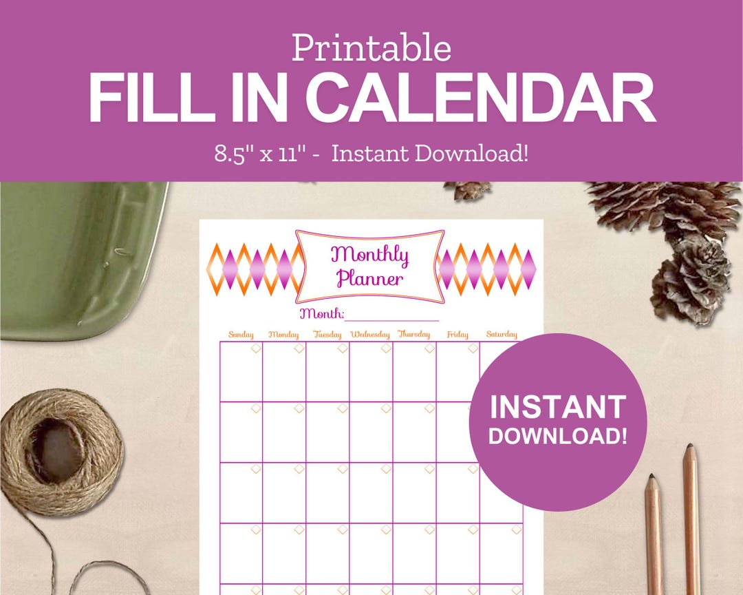 Printable Blank Monthly Calendar - Fill in Calendar - DIY Monthly ...