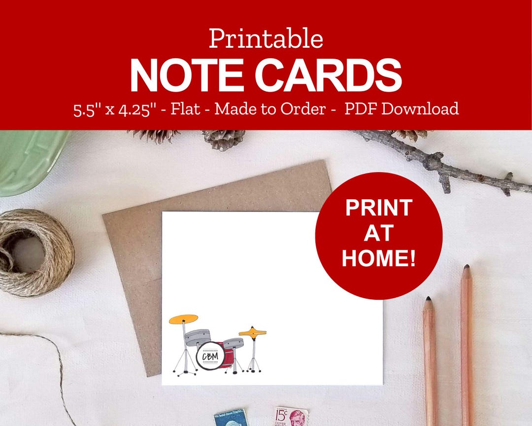 Printable Drums Note Card - Personalized Stationery Gifts for Music or ...