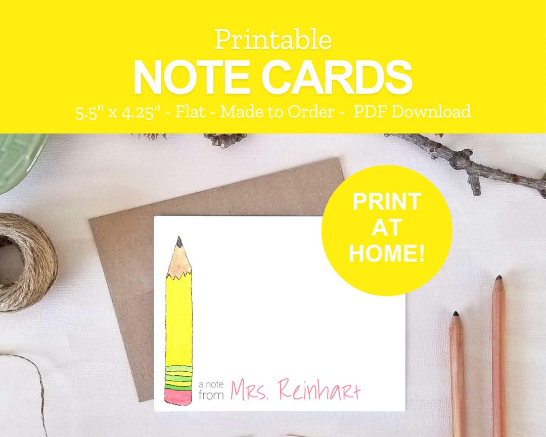Printable Pencil Note Cards - Personalized Stationery Gift for Teachers ...