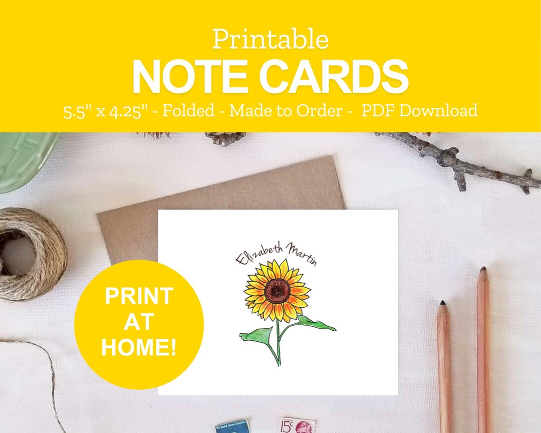 Printable Sunflower Note Cards - Personalized Sunflower Stationery ...