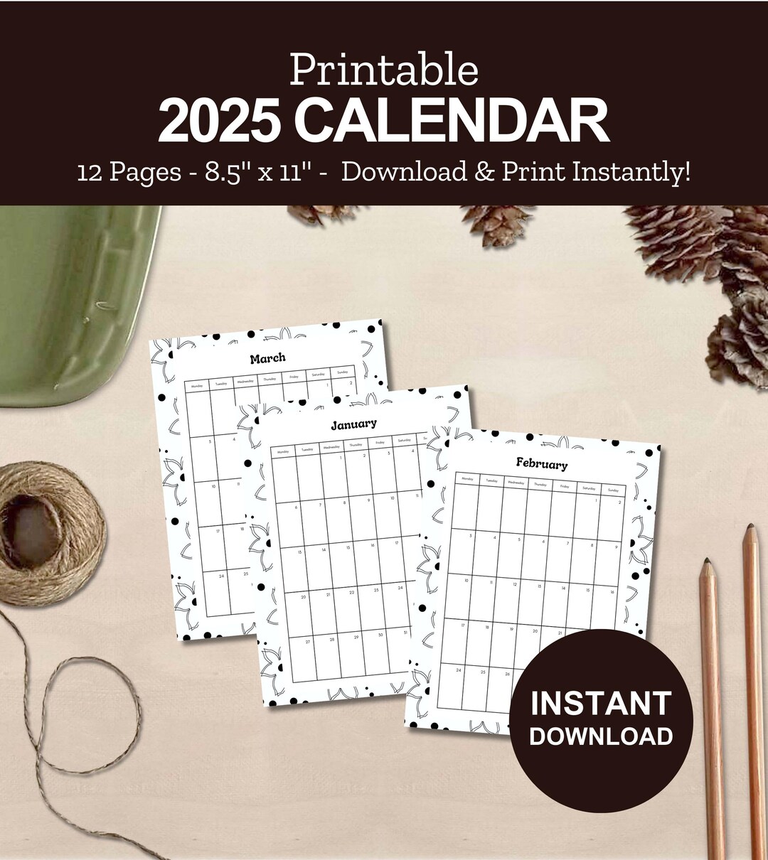 2025 Agenda Printable Calendar Black White Flowers Minimalist Calendar ...