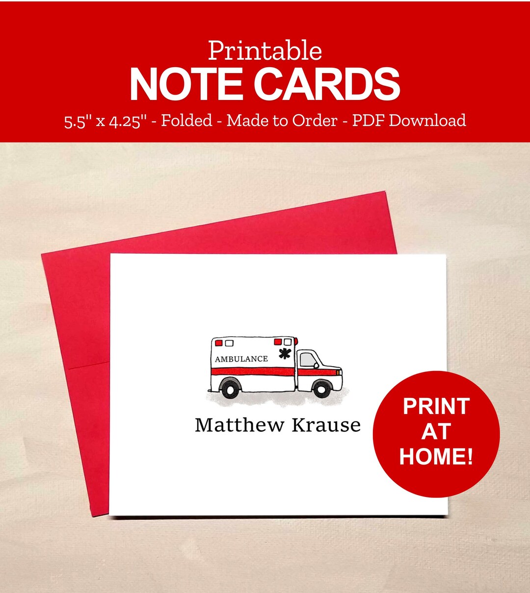 Printable Personalized Ambulance Note Cards for EMT or Paramedic ...