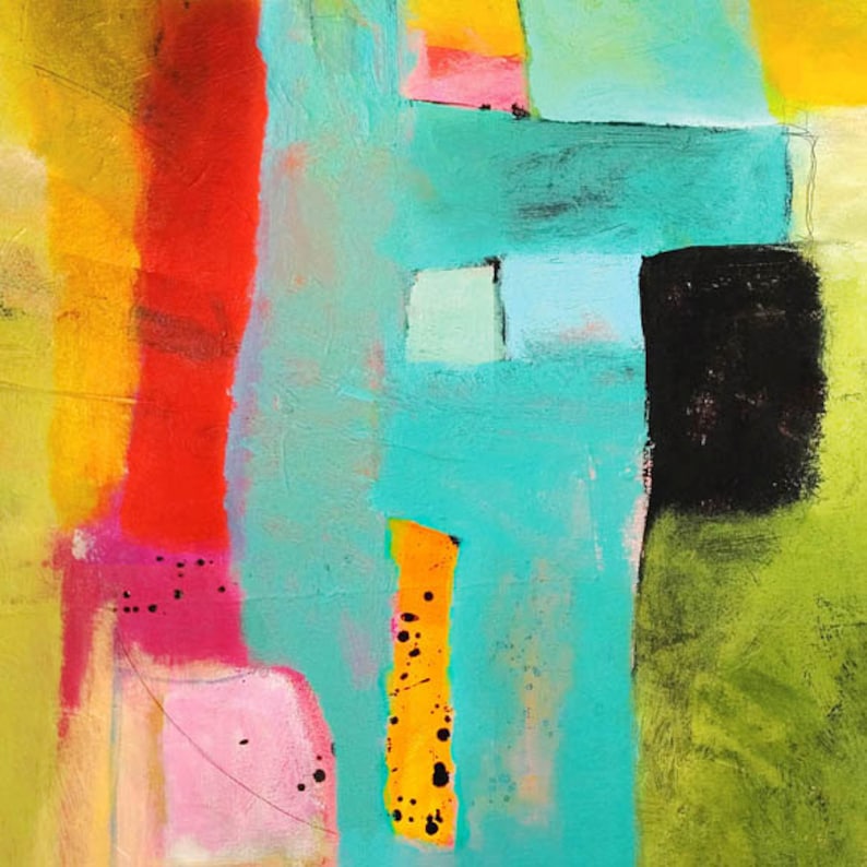 Turquoise Abstract Art Print on Paper Featuring Green, Orange, Black ...