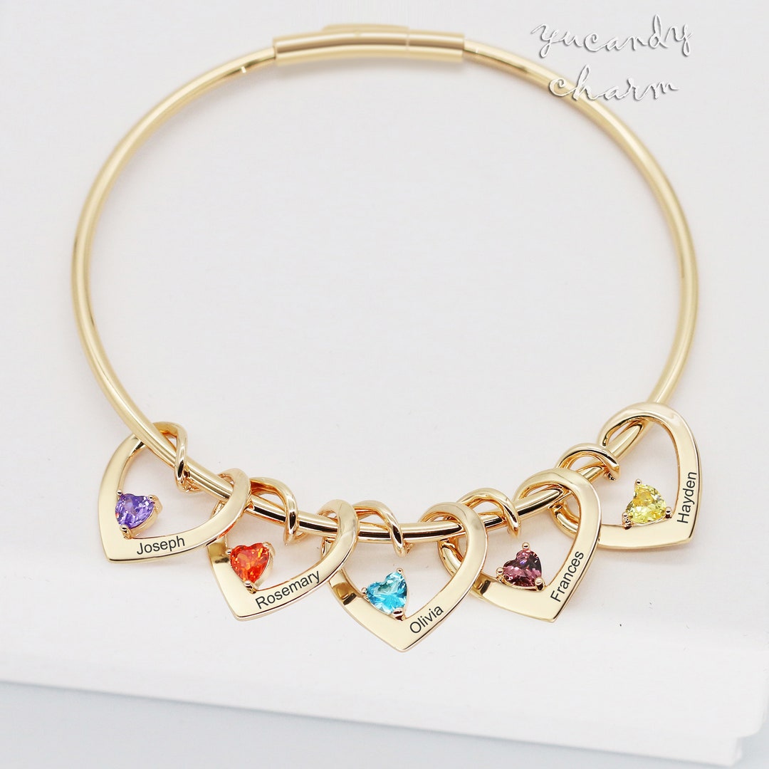 Personalized Birthstone Mother Jewelry Winding Open Heart Charms Bangle ...