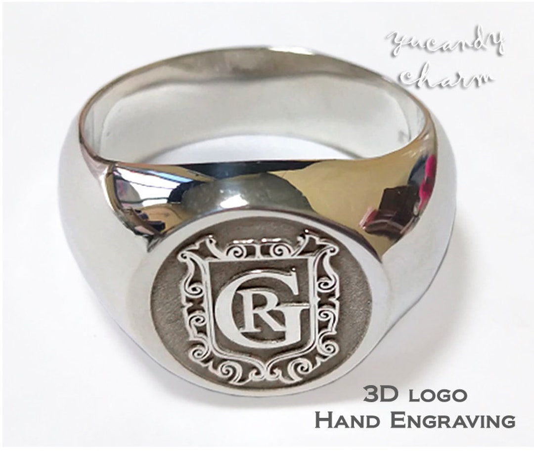 SOLID 925 Sterling Silver Custom 3D Engraving Logo Signet Ring ...