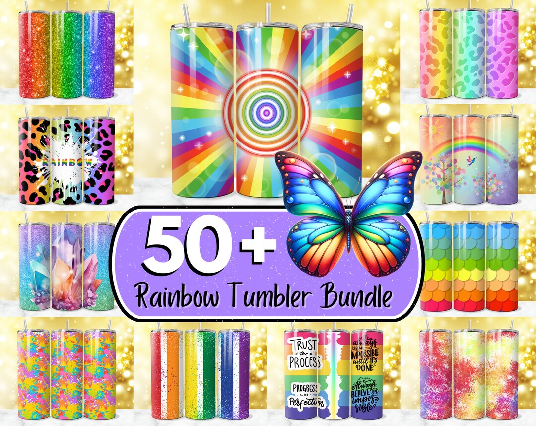 50 Rainbow Tumbler Wrap Designs, Rainbow Glitter Ombre Tumbler Wrap PNG ...