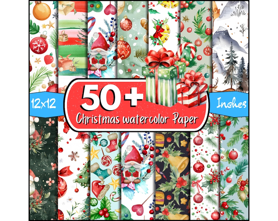 50 Christmas Watercolor Digital Paper, Christmas Theme Scrapbook Paper ...