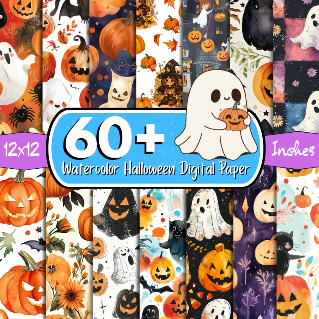 60 Watercolor Halloween Digital Paper, Pumpkin Digital Paper, Halloween ...