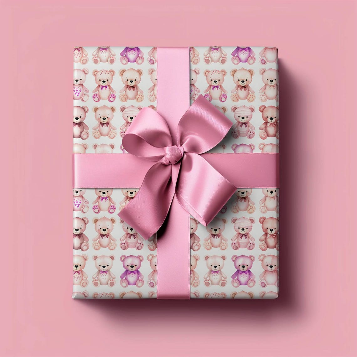 Watercolor Teddy Bear Wrapping Paper Roll, Cute Pink Bear Design ...