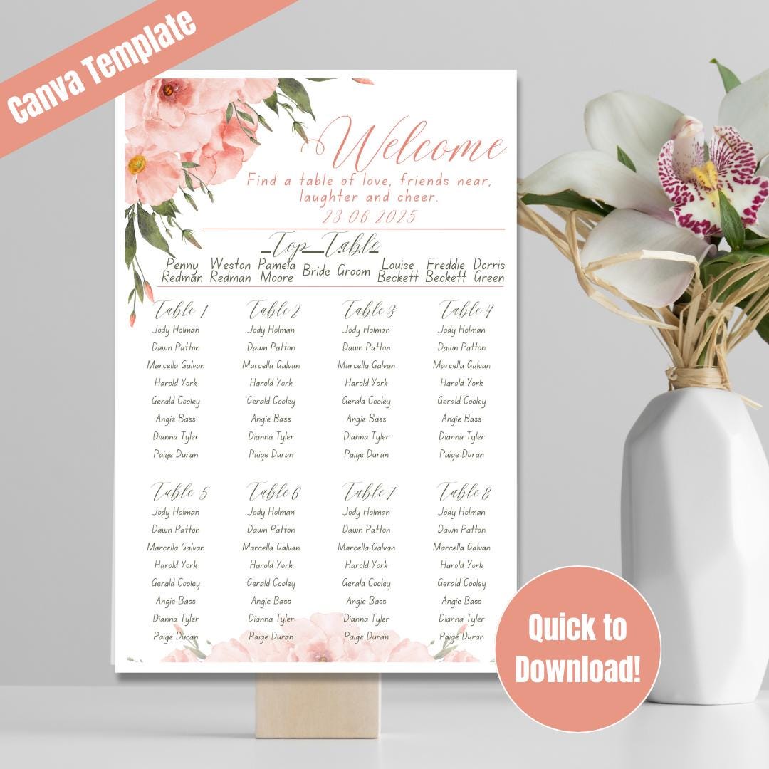 Floral Wedding Table Seating Poster, Digital Wedding Templates, Pink ...