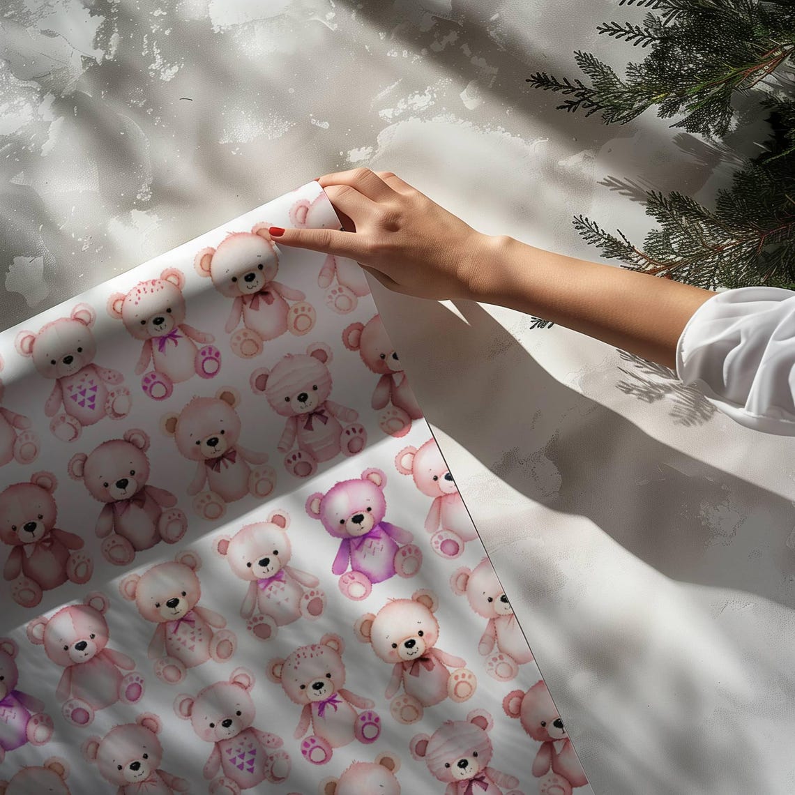 Watercolor Teddy Bear Wrapping Paper Roll, Cute Pink Bear Design ...