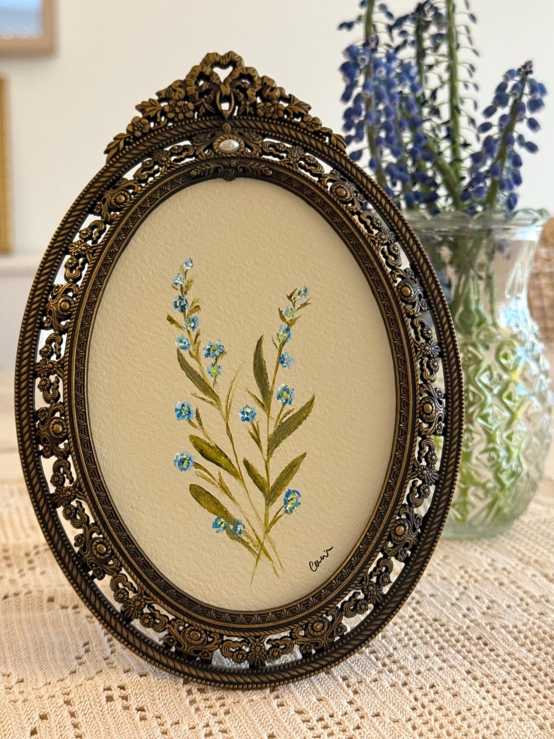 Hand-painted Cowslip Floral Painting: Vintage Brass Oval Frame - Etsy