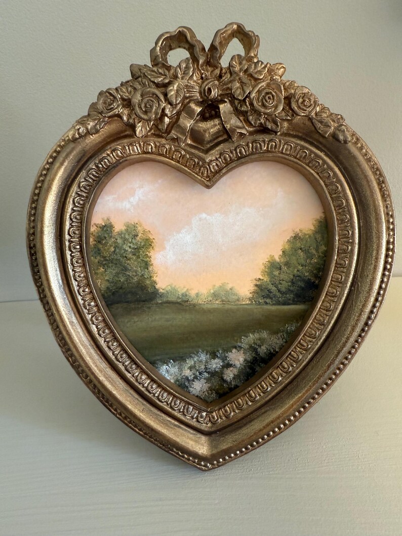 Heart Shaped Small Gold Vintage Style Framed Landscape Painting. an ...