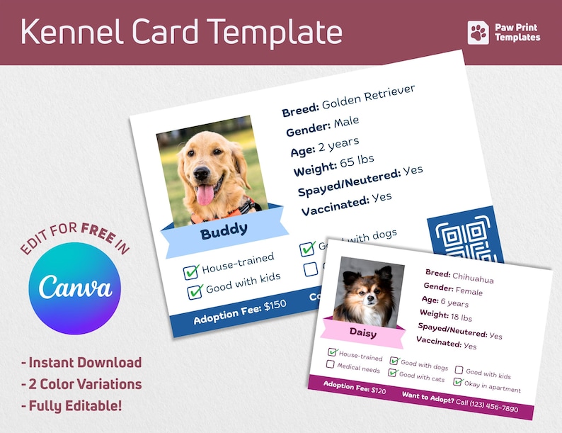 Editable Kennel Card Template for Dogs & Cats | Pet Profile for Shelter ...