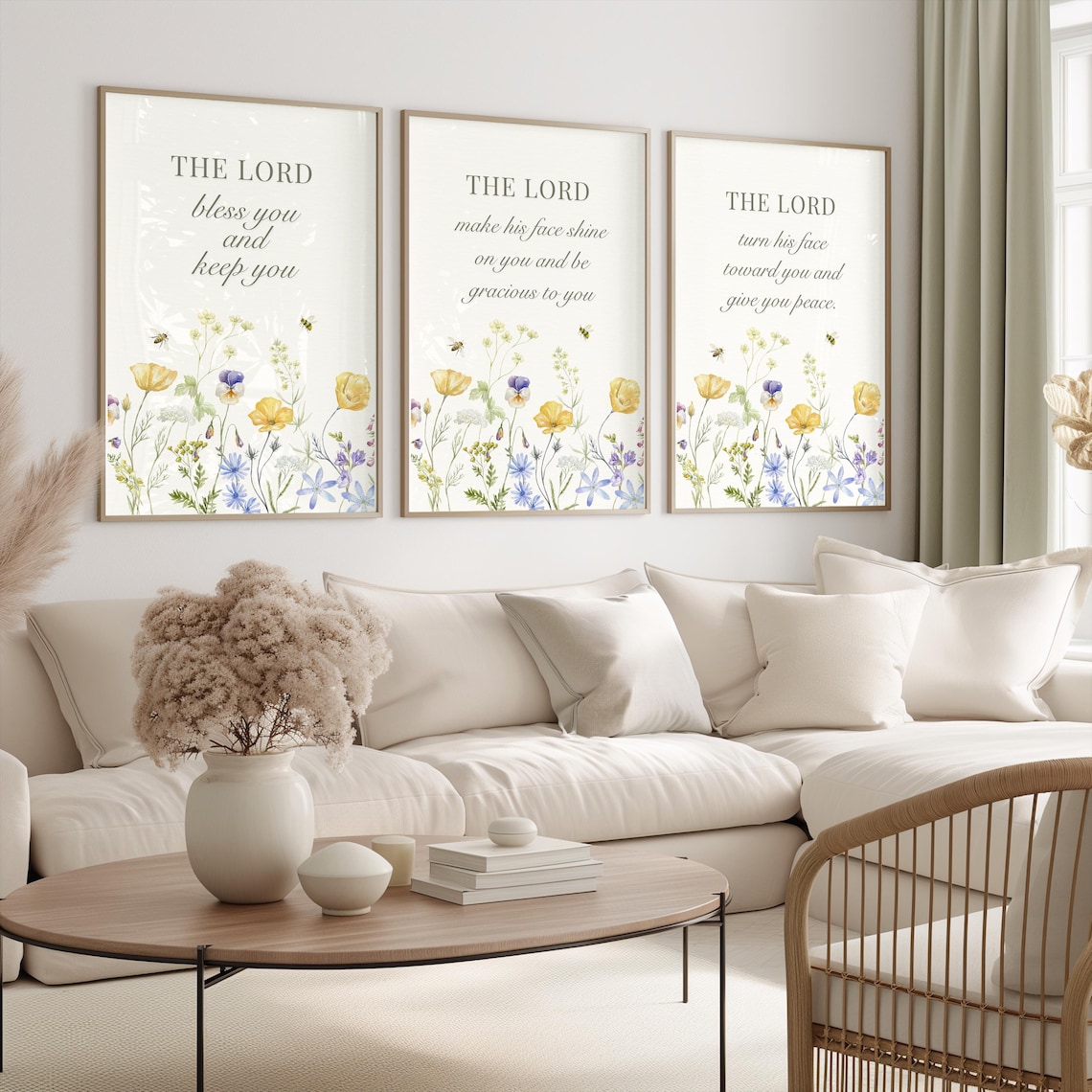 Christian Wall Art Set of 3, Floral Boho Home Decor Gallery Set, Bible ...