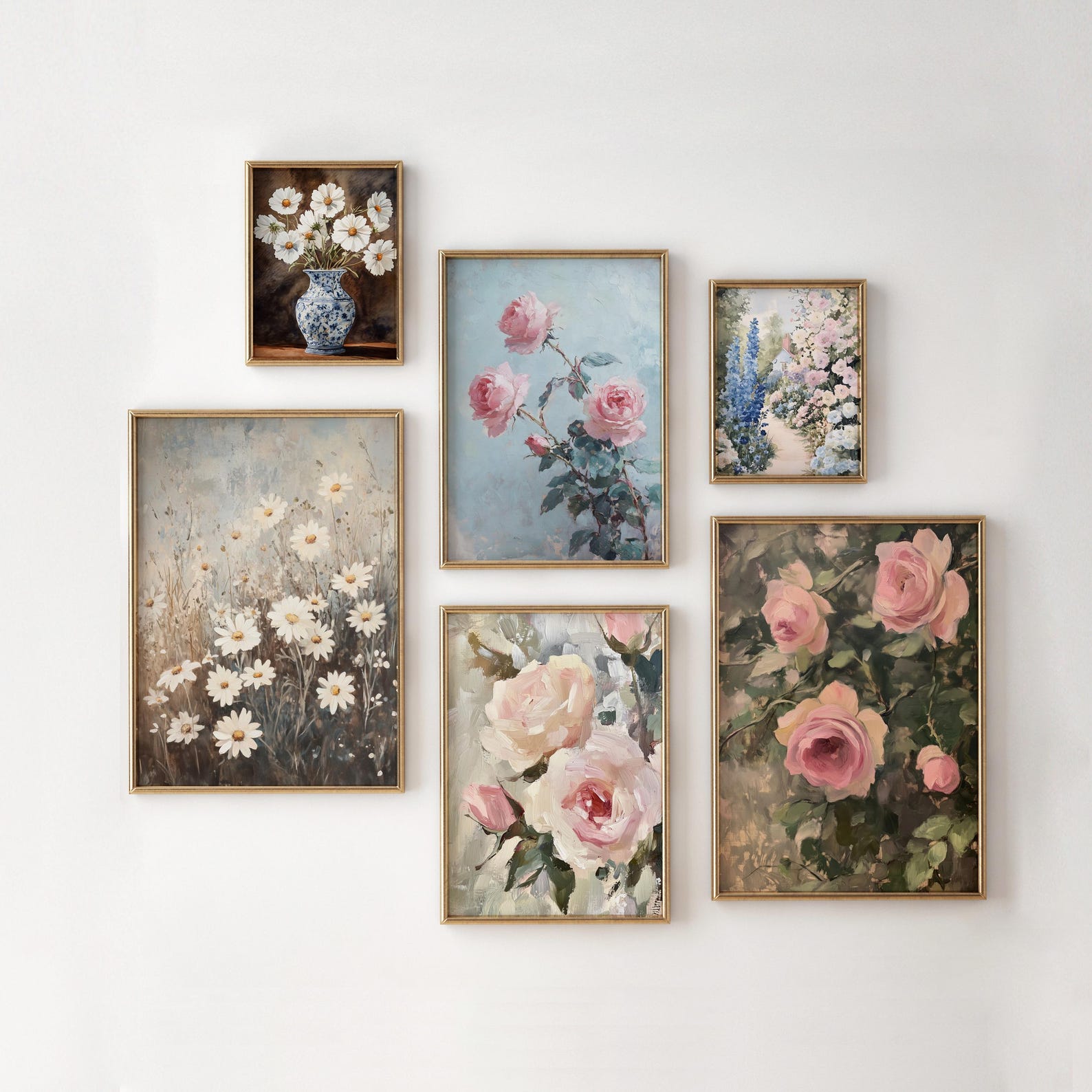 Set of 6 Vintage Floral Oil Prints | Botanical Wall Art | Antique Style ...
