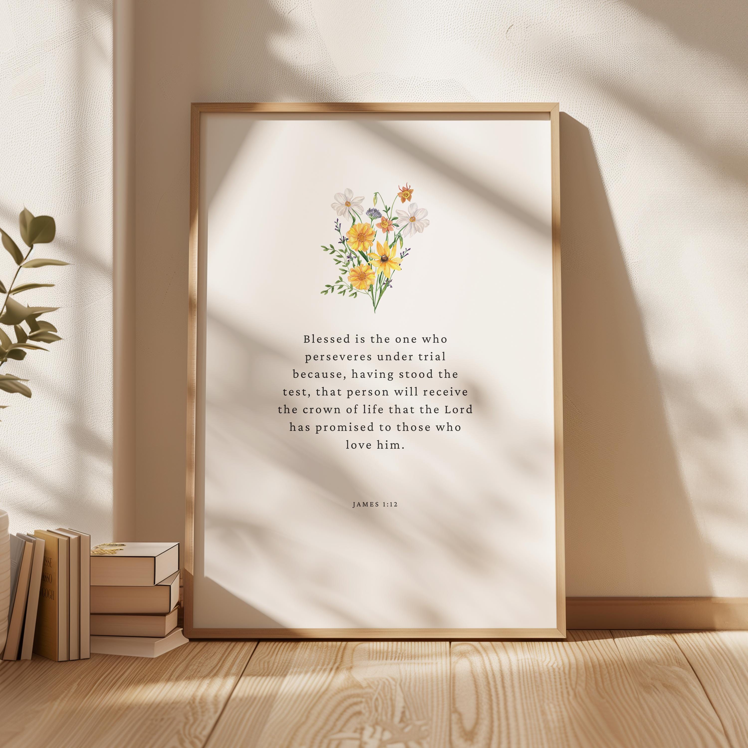 Christian Bible Verse Floral Wall Art, James 1:12, Home Office, Dorm ...