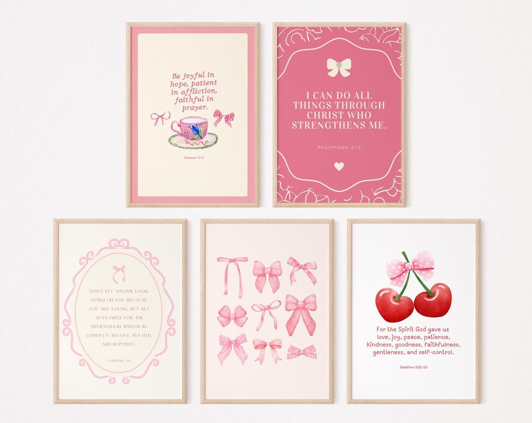 Pink Bow Wall Art Set, Preppy Watercolor Poster, Christian College Dorm ...