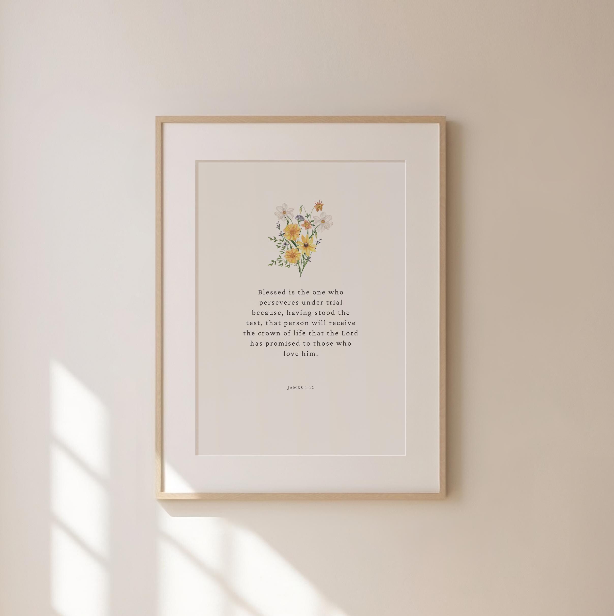 Christian Bible Verse Floral Wall Art, James 1:12, Home Office, Dorm ...