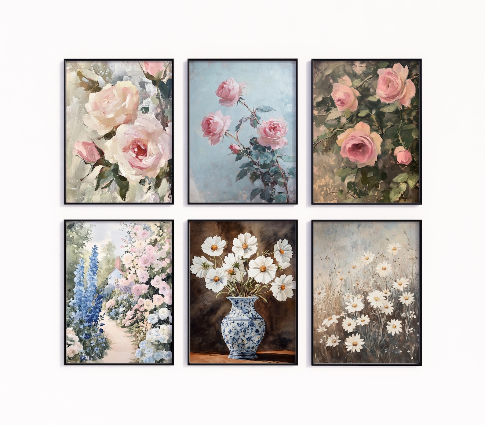Set of 6 Vintage Floral Oil Prints | Botanical Wall Art | Antique Style ...
