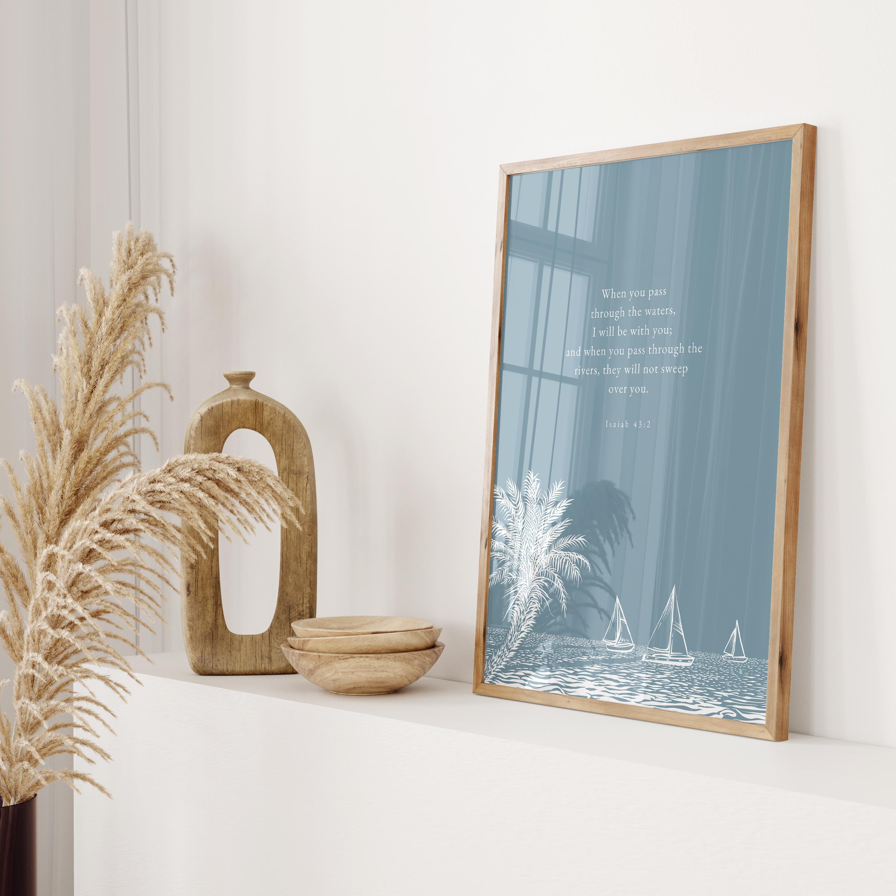 Blue Bible Verse Wall Art, Minimalist Christian Home Decor, Isaiah 43:2 ...