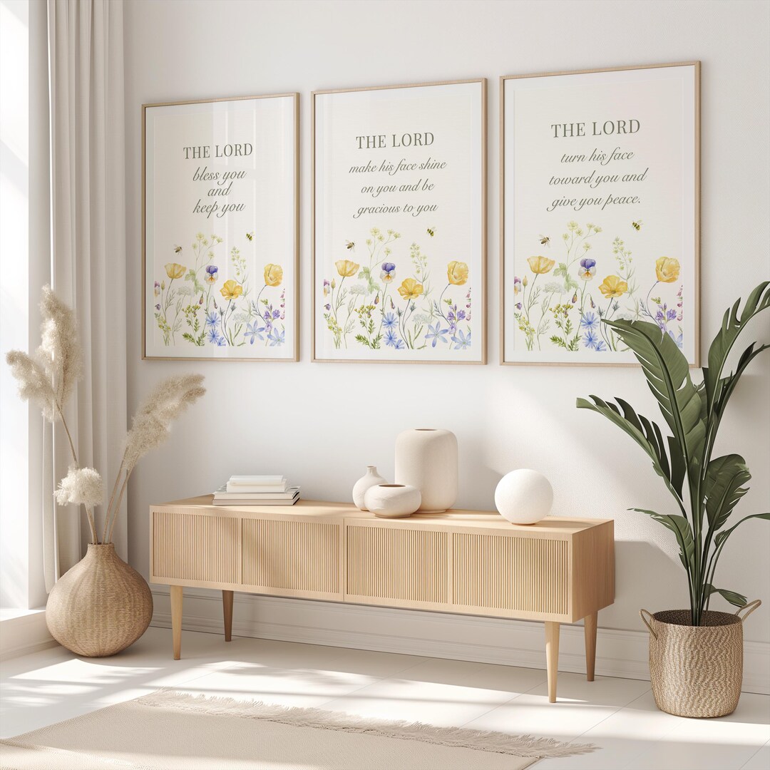 Christian Wall Art Set of 3, Floral Boho Home Decor Gallery Set, Bible ...