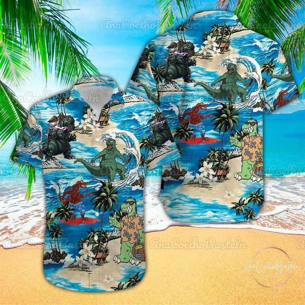 Funny Godzilla Hawaiian Shirt, Godzilla Button Shirt, Godzilla Tropical ...