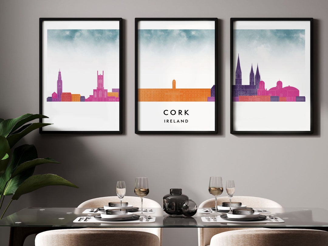 Cork Triptych, Cork Skyline, Cork 3 Posters, Watercolor Skyline Poster ...