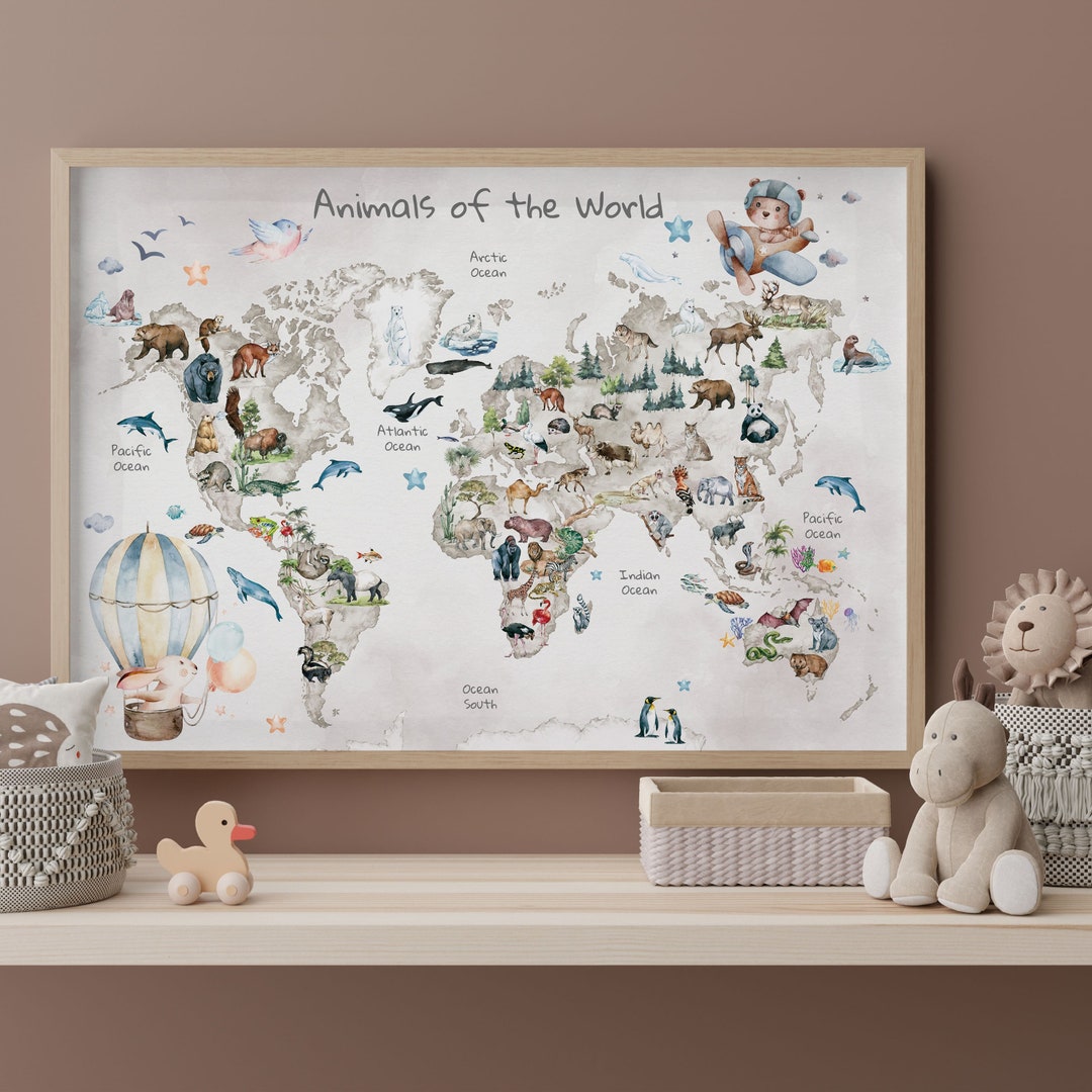 Animals World Map Poster for Kids Nursery Poster Animals Poster - Etsy