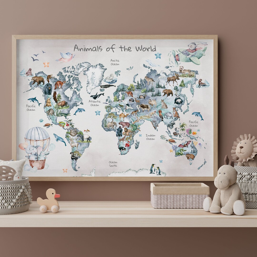 Animals World Map Poster for Kids Nursery Poster Animals Poster - Etsy