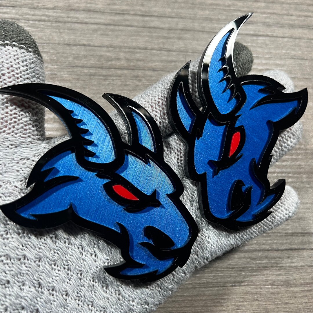 Car Fender Badges: Black Angry Goat brushed Blue Backing With Red Eye ...