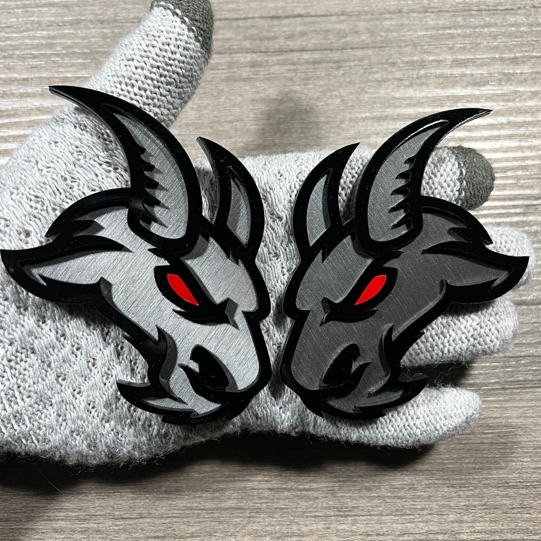Car Fender Badges: Black Angry Goat brushed Gun Metal Backing With Red ...