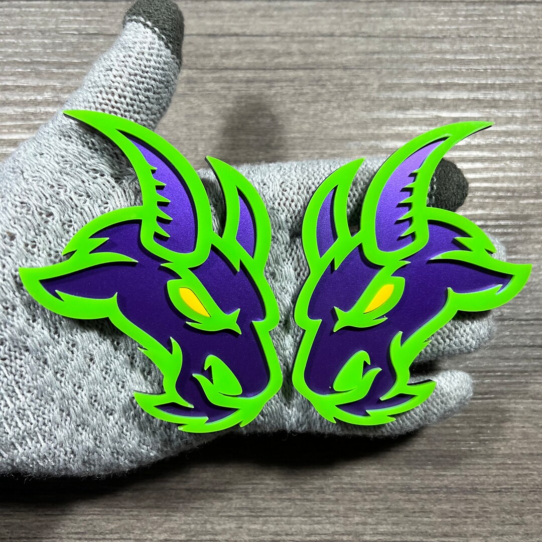 Car Fender Badges: Lime Green Angry Goat ano Purple Backing With Yellow ...