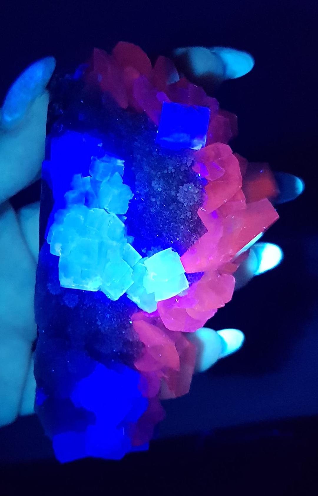 UV Reactive Green Cubic Fluorite With Sugar Druzy and Calcite Specimen ...
