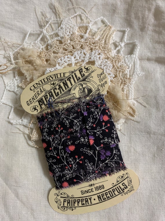 Paper Frayed Ribbon retro fabric NOS Black with all over floral ...