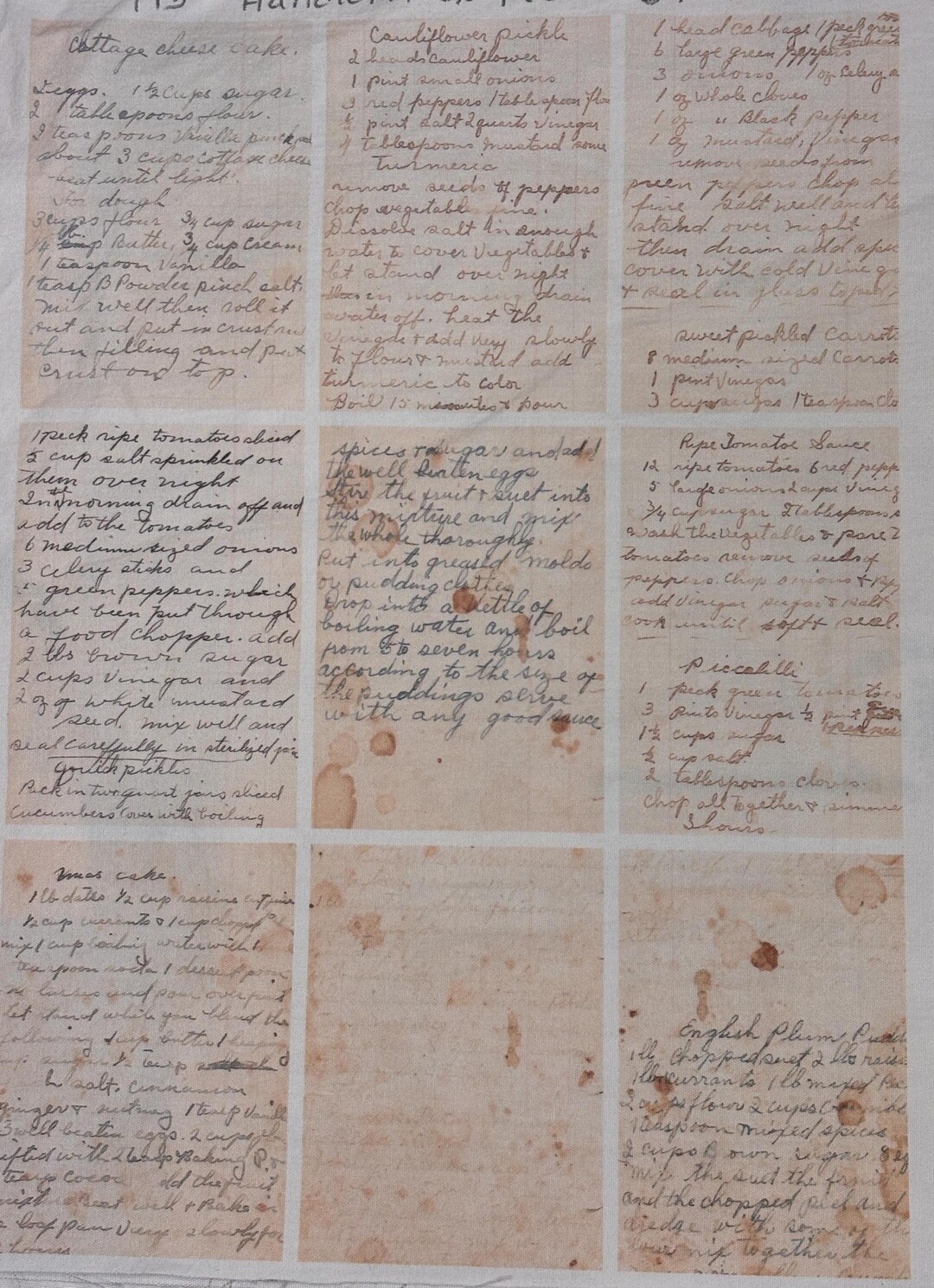 Handwritten Recipe Snippets 8x10 Fabric Panel for Sewing & Mixed Media ...