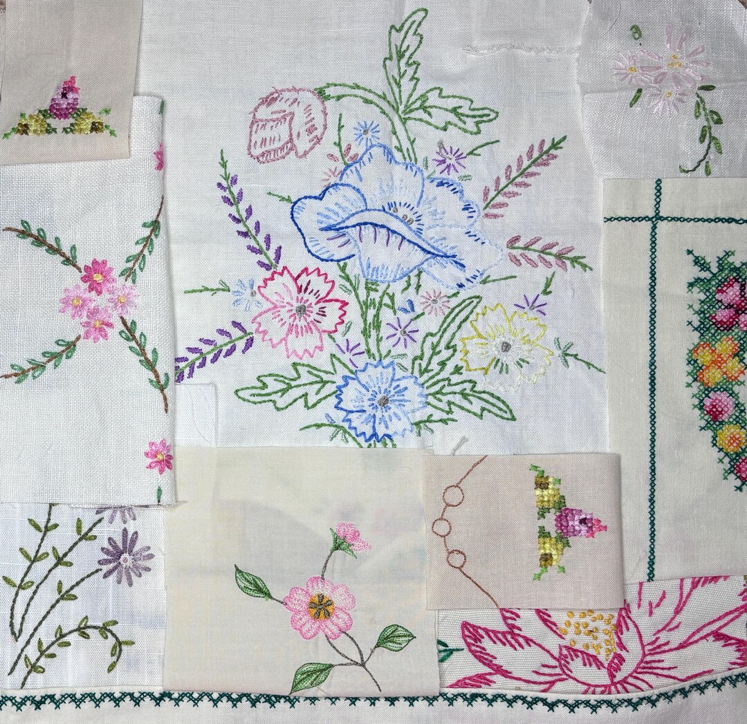 Handpicked Vintage Embroidery Fabric – 10 Large Linen-based Pieces for ...