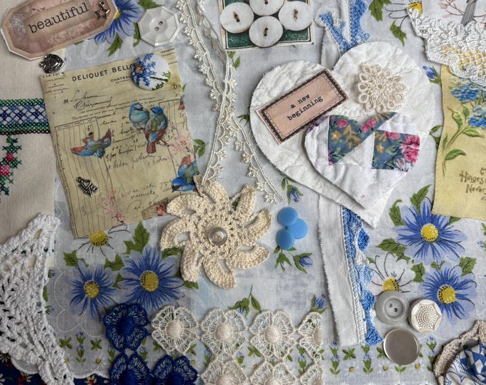 Slow Stitch Textile Kit, Vintage Crochet Pieces, Lace, Fabric Bits, and ...