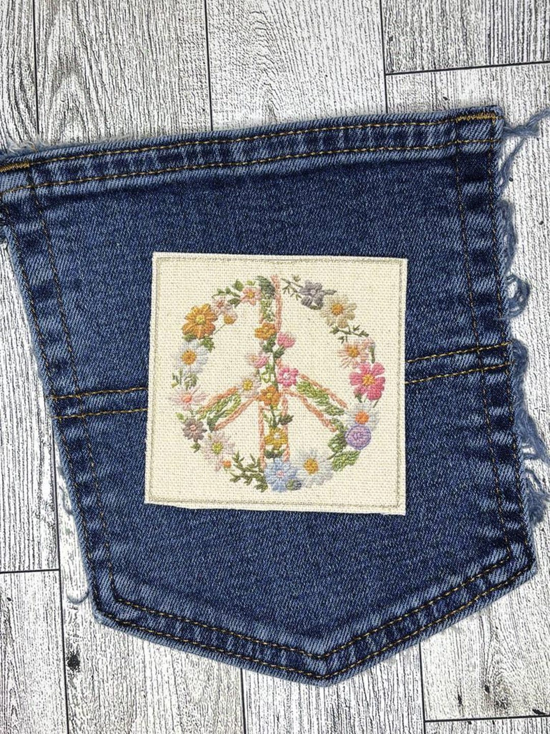 Jean Patch. BOHO Faux Embroidery Peace Sign, Denim Repair. Iron On ...