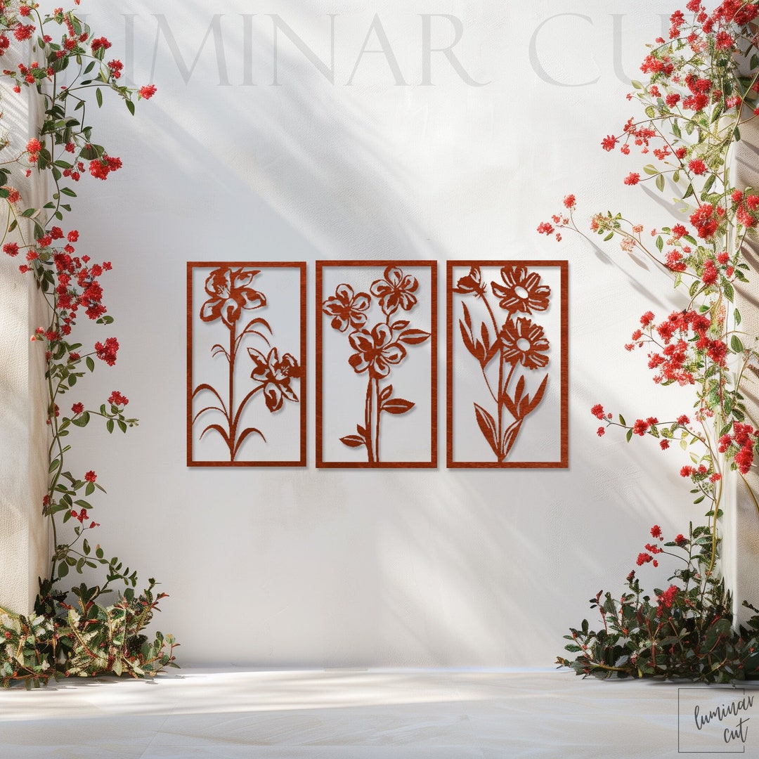 Set of 3 Flower Wood Wall Panels • Custom Wooden Floral Wall Art ...