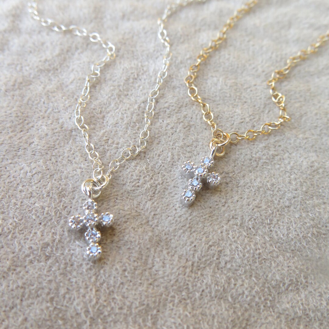 Gift for Her Tiny Diamond Cross Pendant, Silver Cross Necklace , Dainty ...