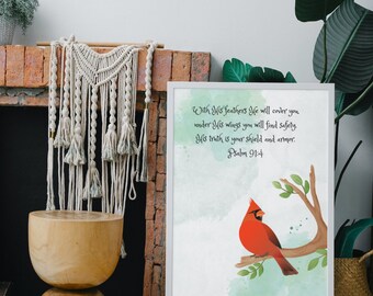 Psalm 91:4, Red Cardinal Bible Verse, Cardinal Scripture Canvas ...