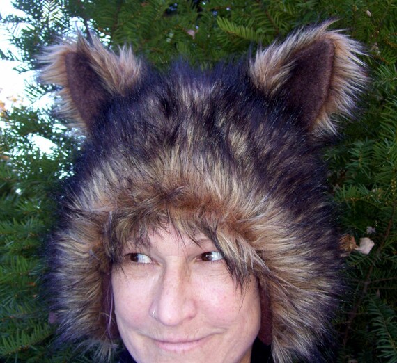 Ready to Ship Furry Wolf Hat Ears Coyote Brown Long Fur Head Piece Animal Hat Unique Gift Halloween Costume Warm Winter Hat Adult USA Made