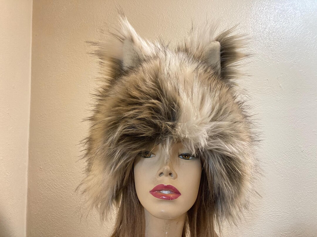 Furry Wolf Hat Ears Coyote Bobcat Cream Brown Fur Head Piece Animal Hat ...